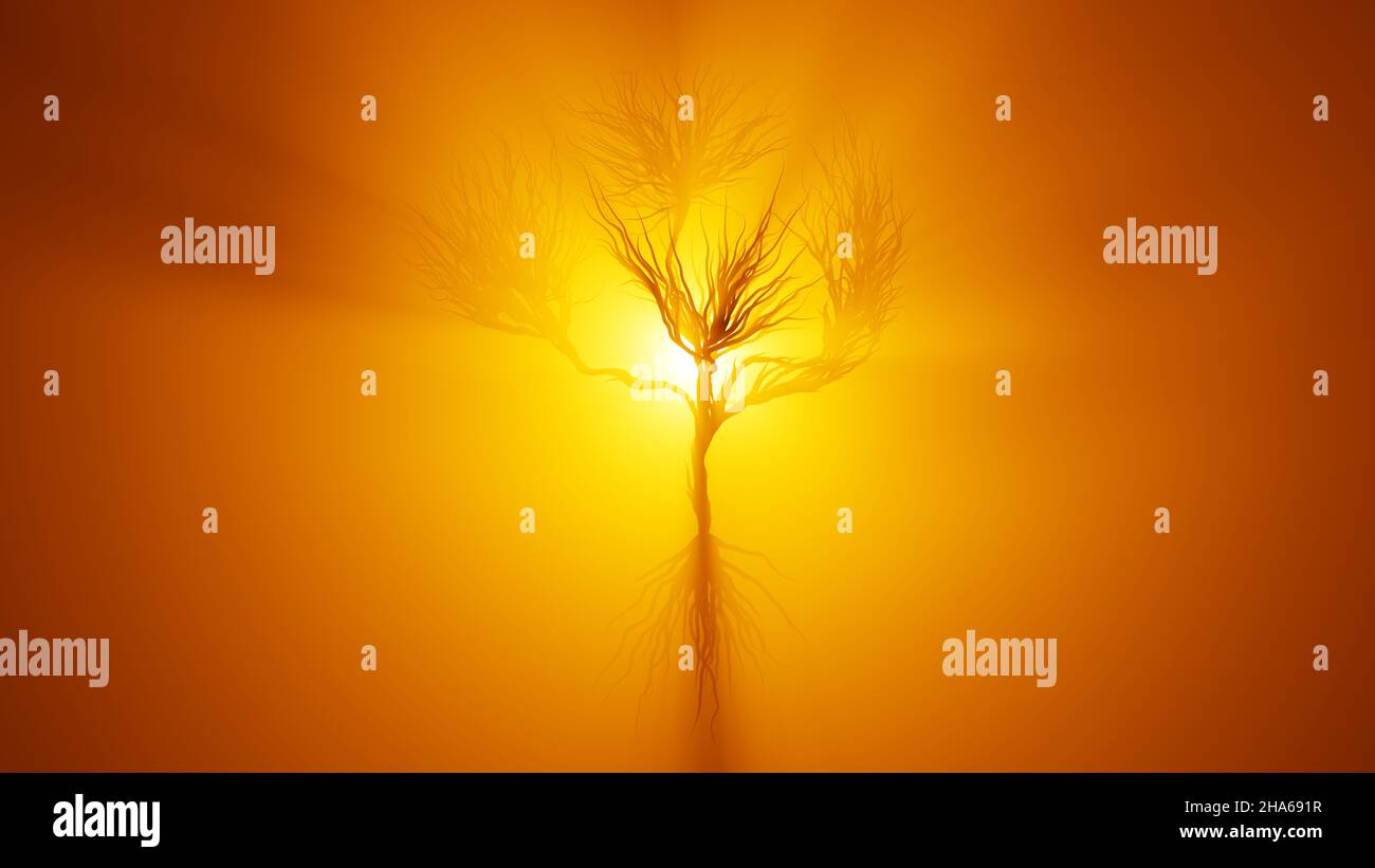 Silhouette of growing tree in a shape of a human brain. Sun rays ...