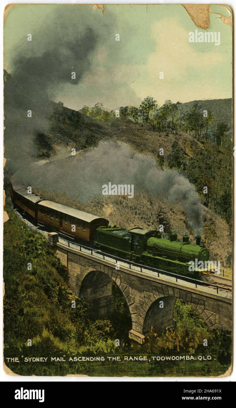 postcard featuring the Sydney Mail steam train ascending the range ...