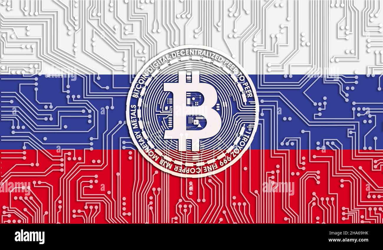 flag of Russia and bitcoin, Integrated Circuit Board pattern. Bitcoin ...