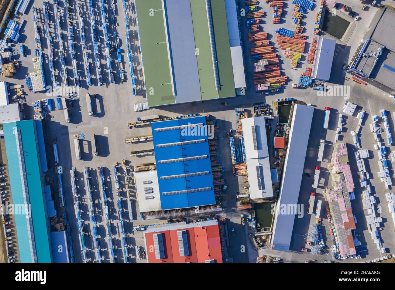 Aerial view of warehouse storages or industrial factory or logistics ...