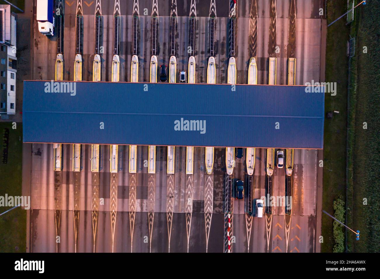 Car traffic transportation on multiple lanes highway road and toll ...