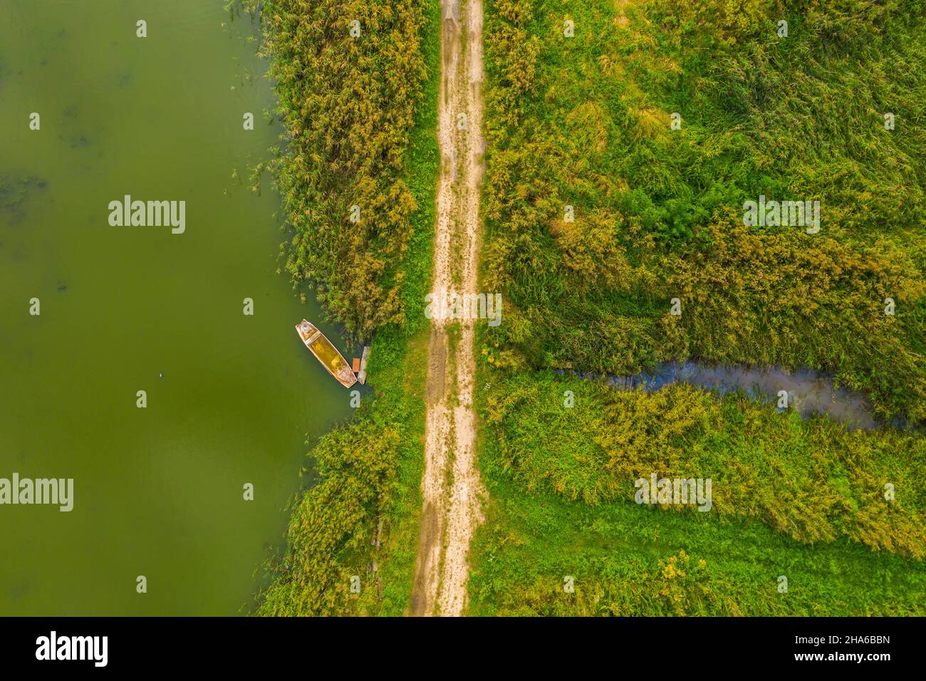 Top down aerial view of small rowing boat near coast of lake Stock ...
