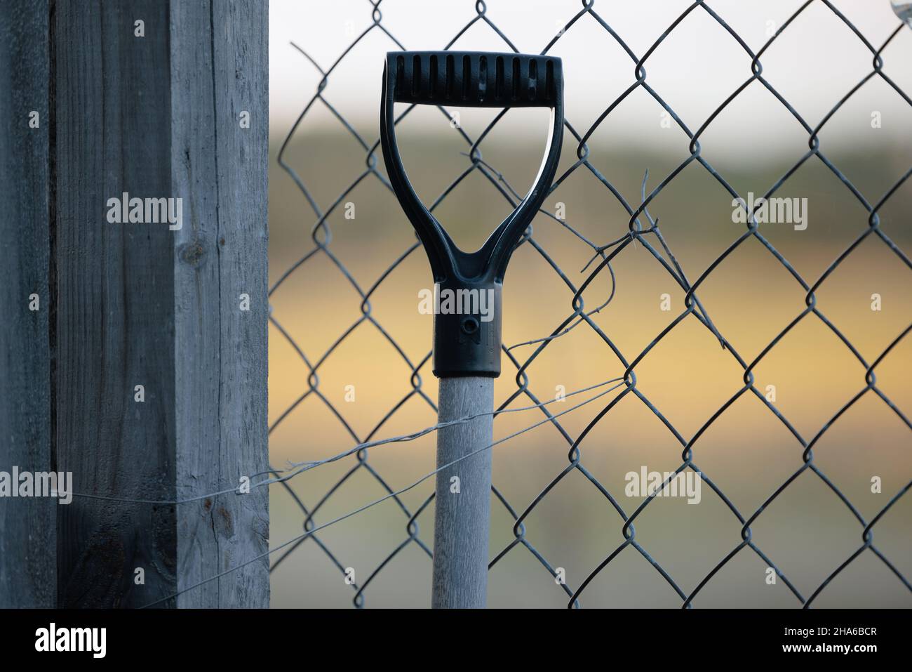 Closeup shot of shovel against a wire fence Stock Photo - Alamy