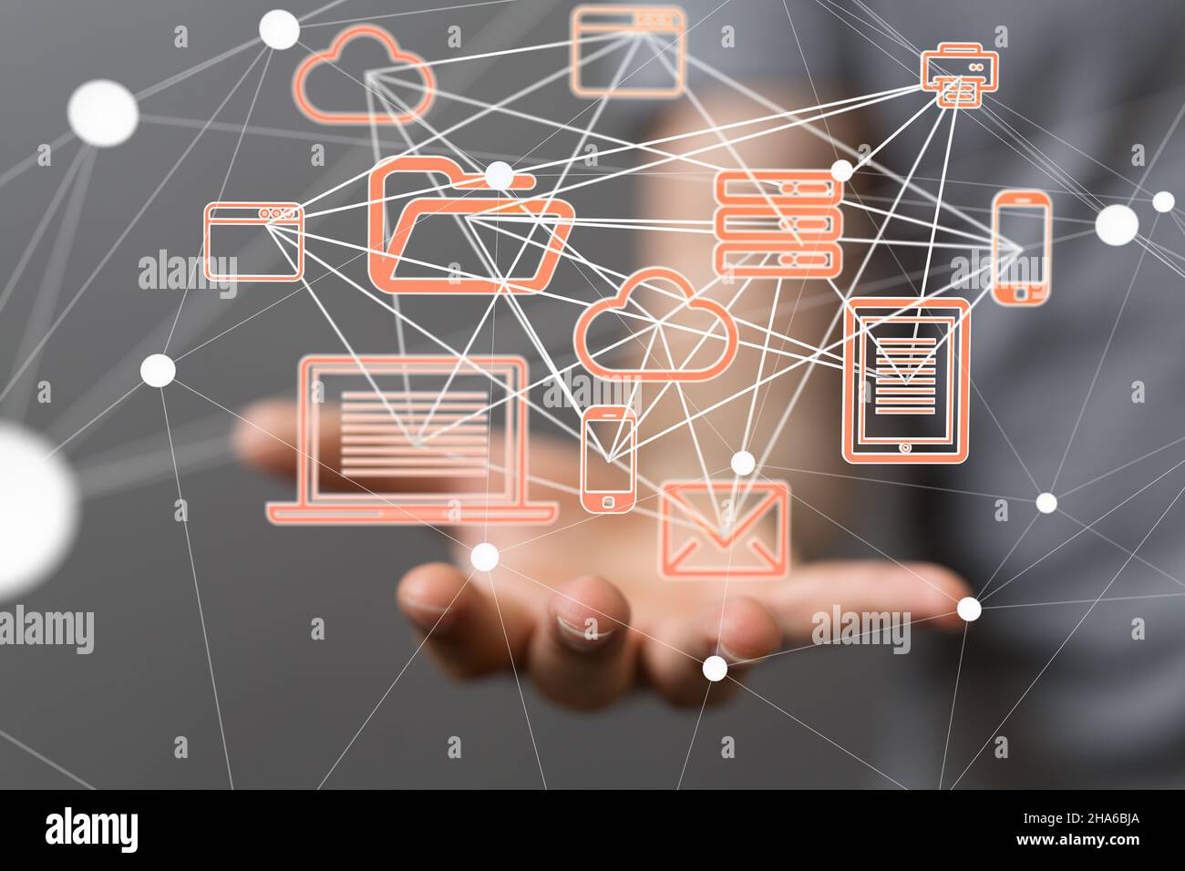 3D rendering of floating digital media icons floating on a man's hand ...