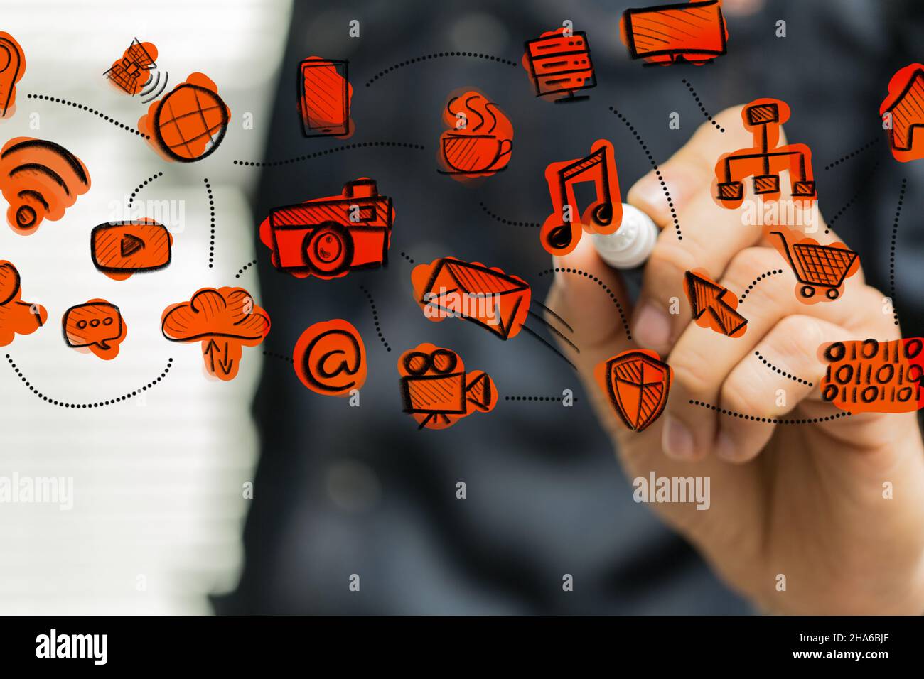 3D rendering of a man pointing at floating digital media icons floating ...