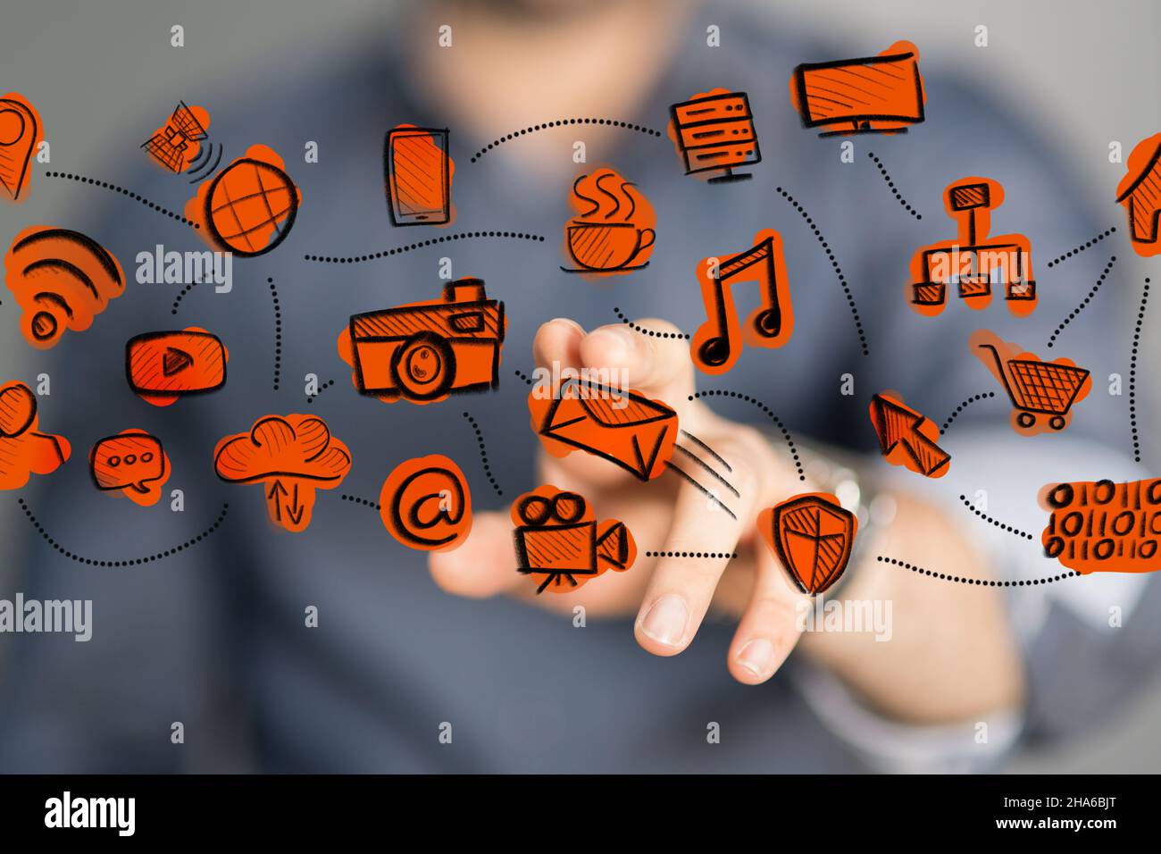 3D rendering of a man pointing at floating digital media icons Stock ...