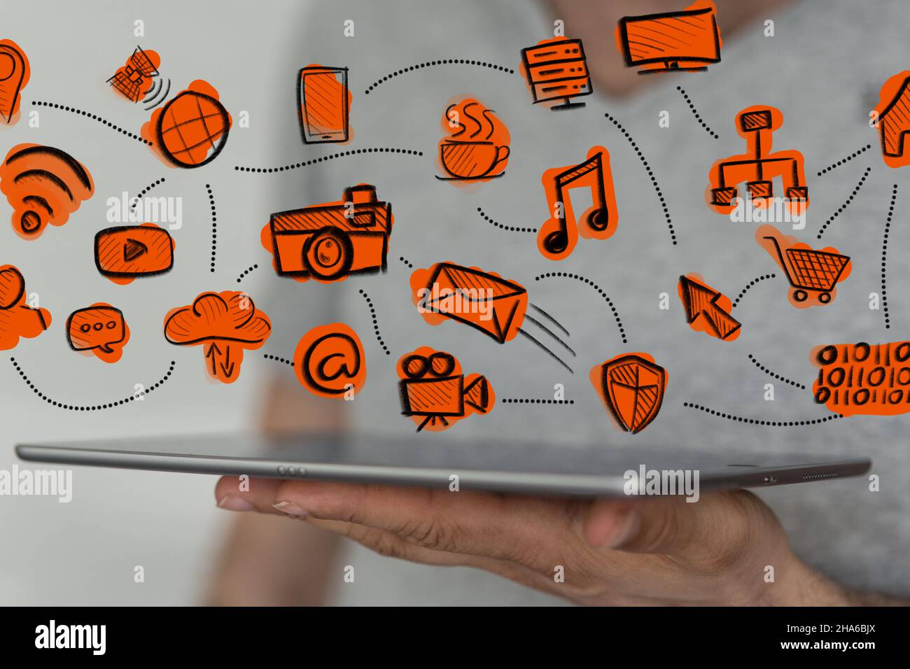 3D rendering of floating digital media icons floating on a man's mobile ...