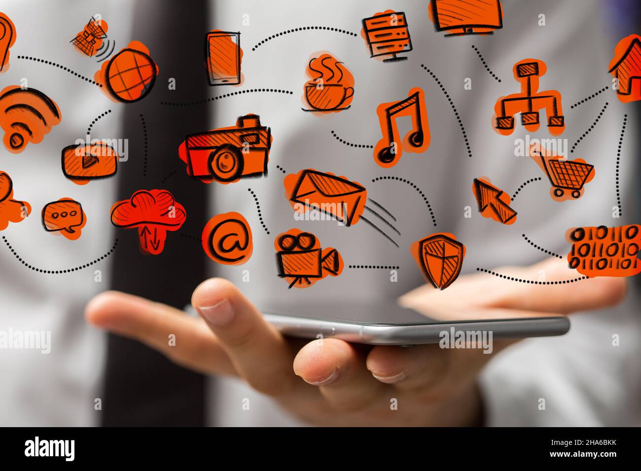 3D rendering of floating digital media icons flaoting on a man's mobile ...