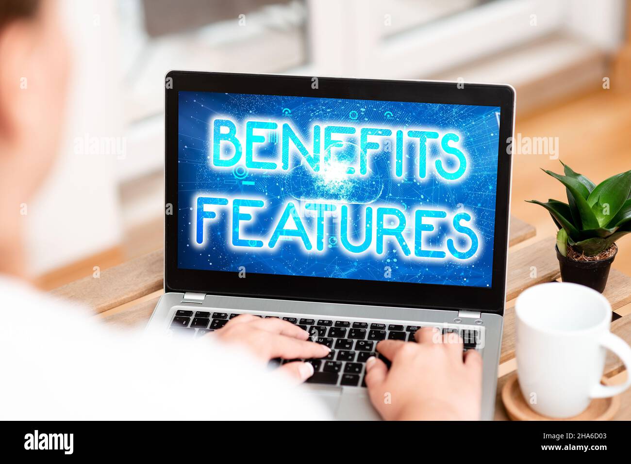 Conceptual caption Benefits Features. Word Written on Making a product ...
