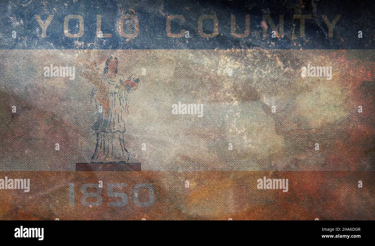 Top view of retro county of Yolo, California flag with grunge texture ...