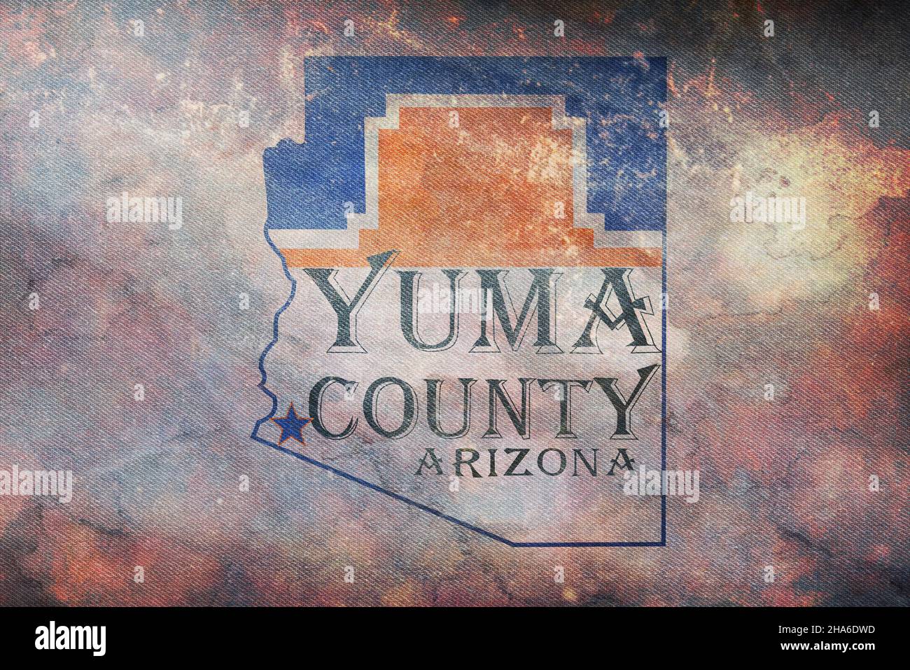 Top view of retro county of Yuma, Arizona flag with grunge texture, USA ...