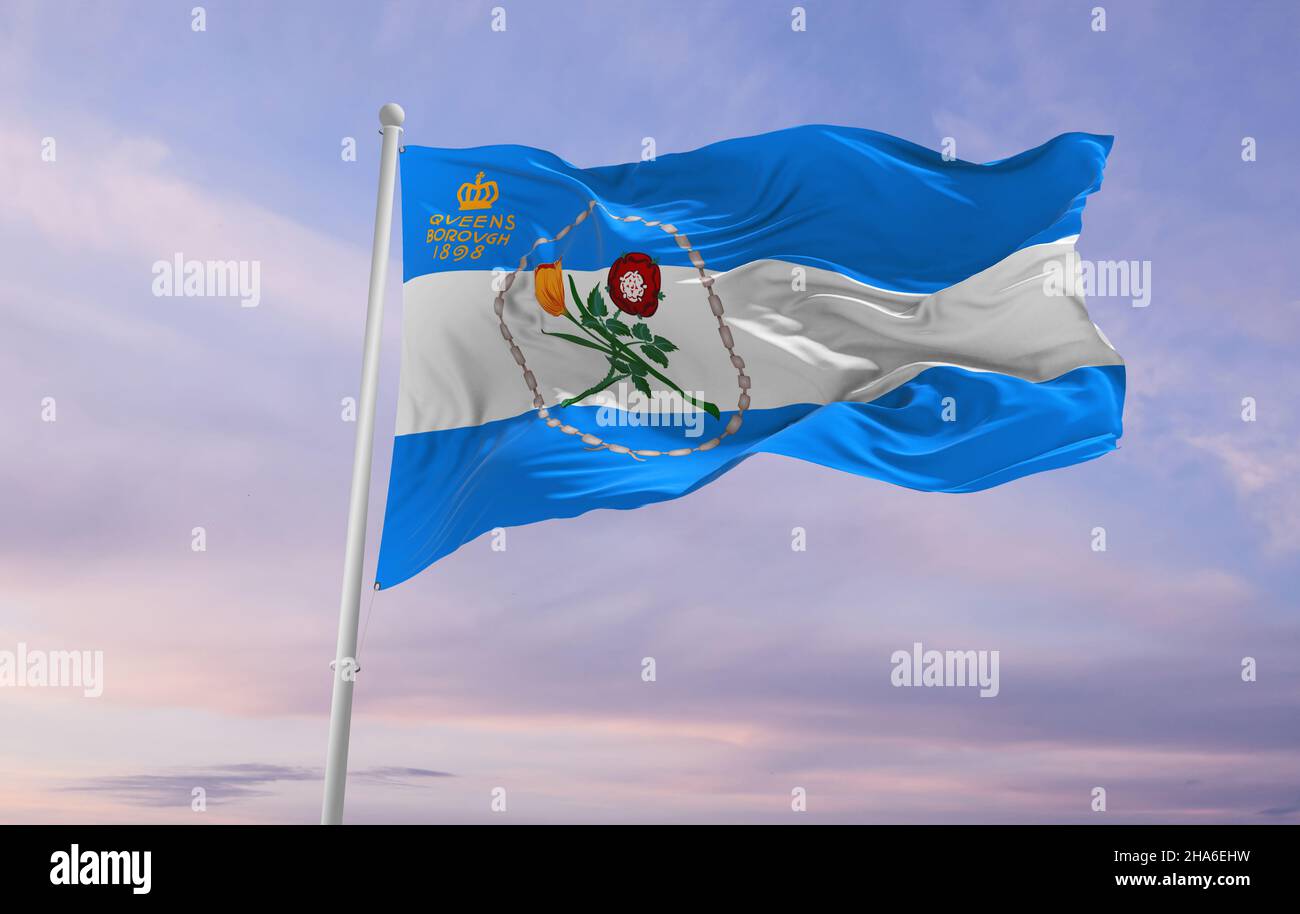 flag of county Queens, New York , USA at cloudy sky background on ...