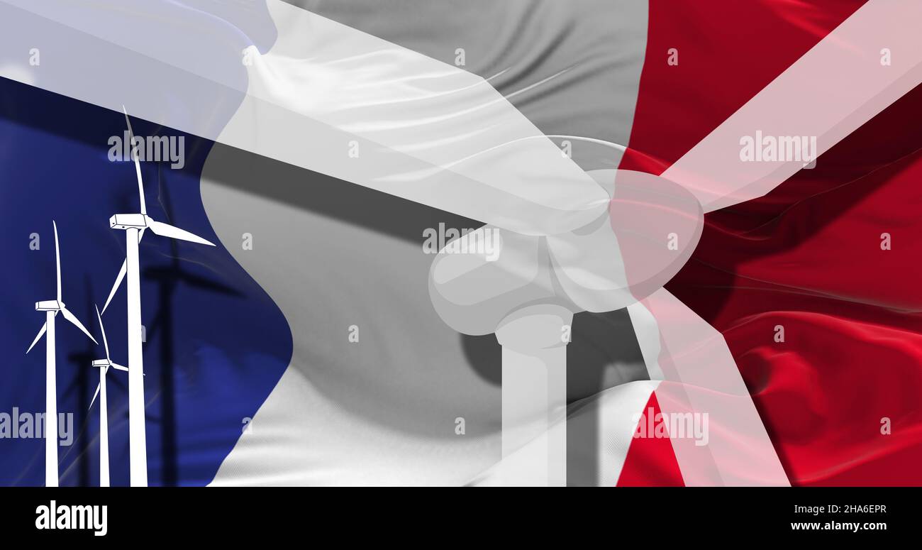 Wind turbines on background of France flag. sustainable development ...