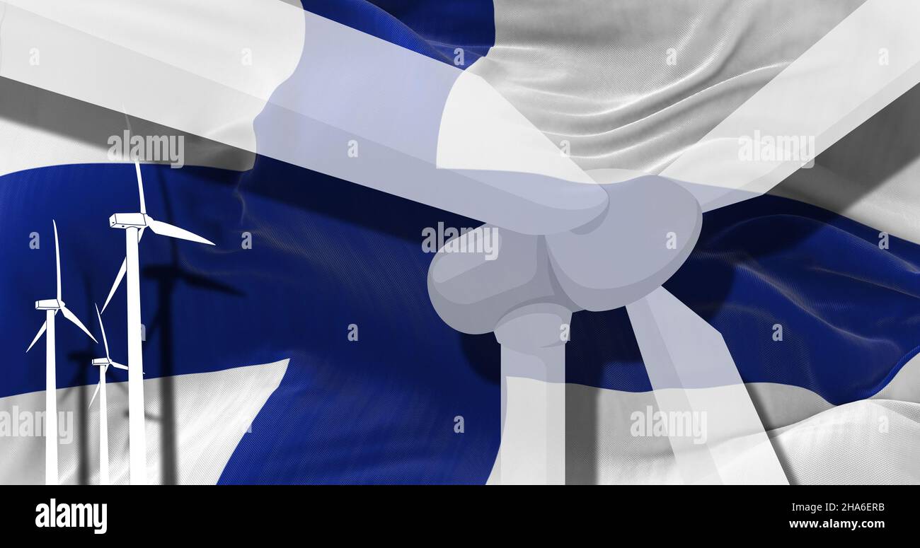 Wind turbines on background of Finland flag. sustainable development ...
