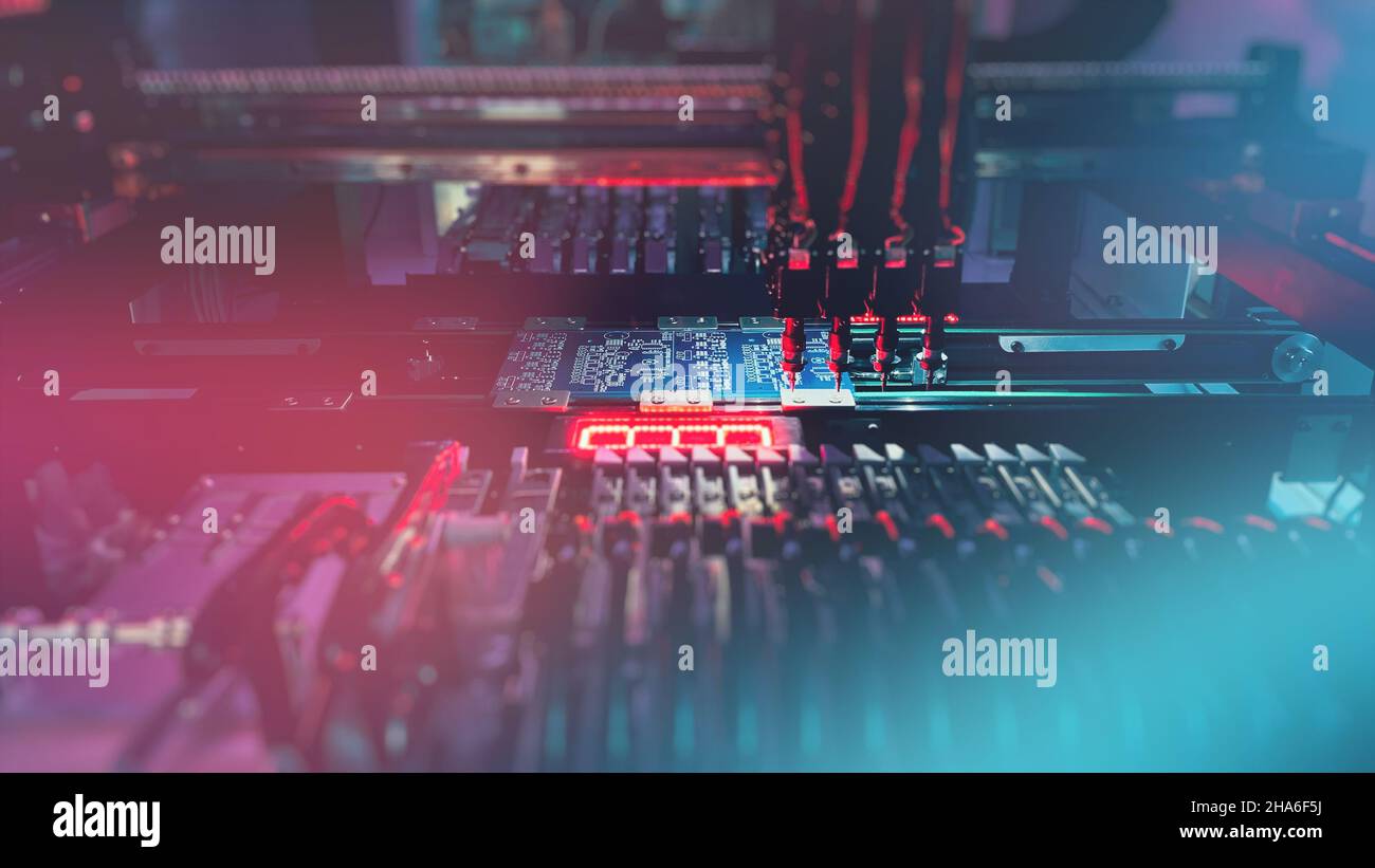 Automation of industry Chip Components: neon lights illuminate on SMT ...