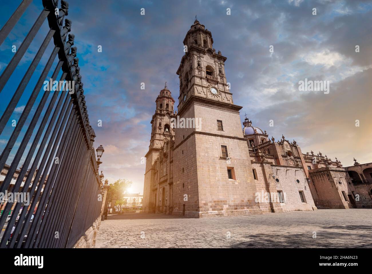 Mexico, Michoacan, famous scenic Morelia Cathedral located on Plaza de ...