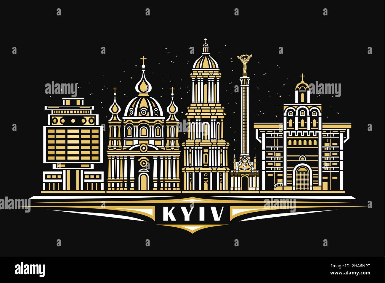 Vector illustration of Kyiv, dark horizontal poster with linear design ...