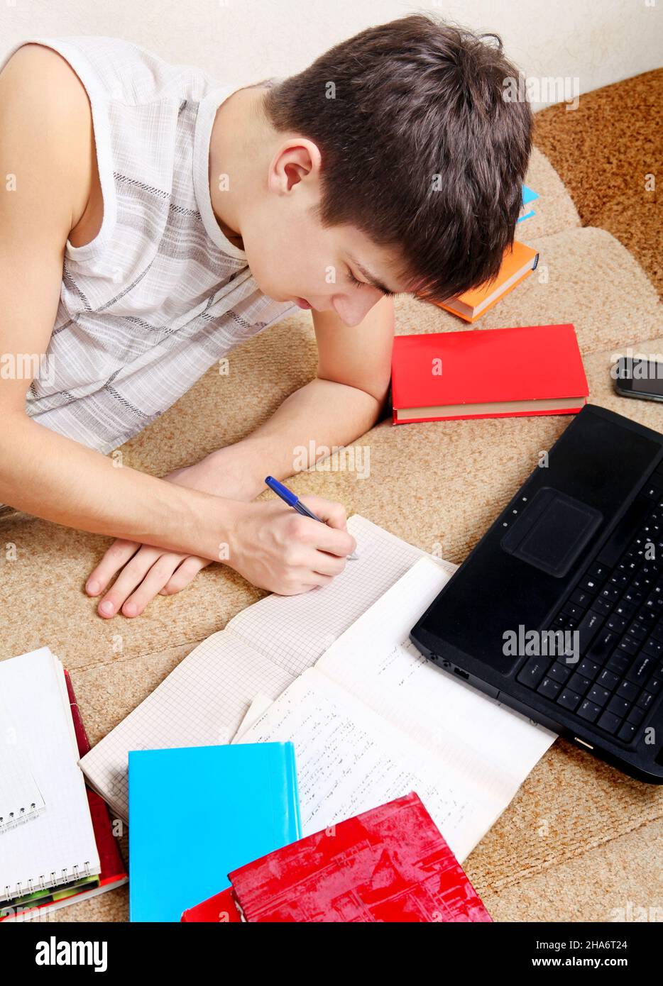 Teenager doing Homework on the Sofa at the Home Stock Photo - Alamy