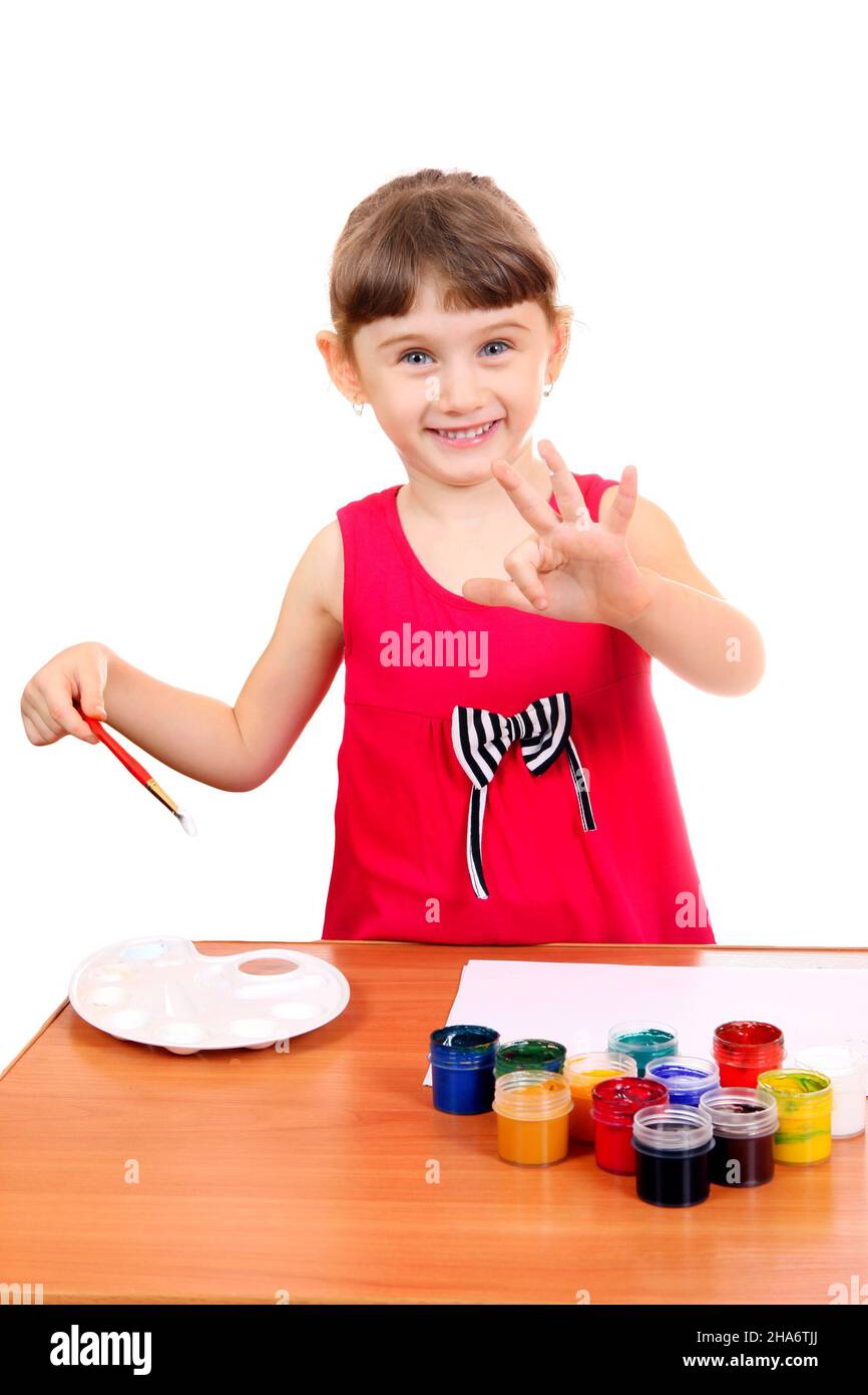 Cheerful Little Girl drawing Isolated On The White Background Stock ...