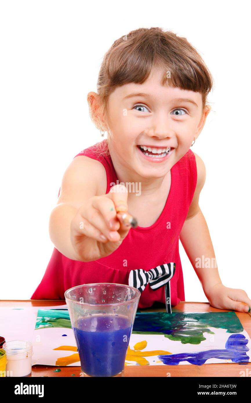 Cheerful Little Girl drawing Isolated On The White Background Stock ...