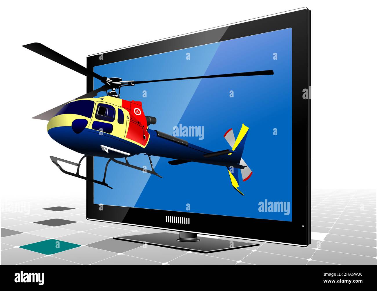 Flat computer monitor with helicopter. Display. 3d illustration Stock ...