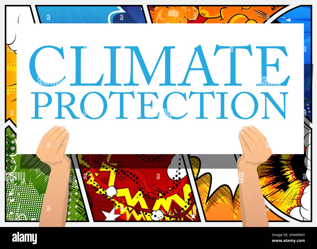 Hand holding banner with Climate protection text on white paper. Man ...