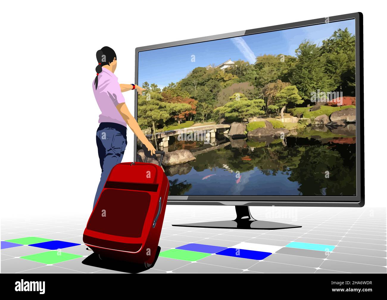 Abstract Tv screen with Japan picture and girl with suitcase. Vector 3d ...