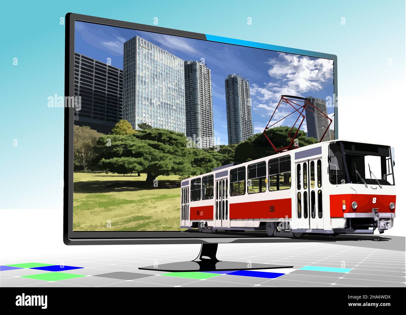 Abstract Tv screen with urban background and city tram. Vector 3d ...