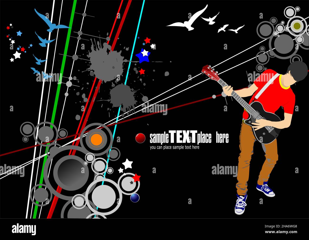 Abstract black background with guitar player image. Vector 3d ...