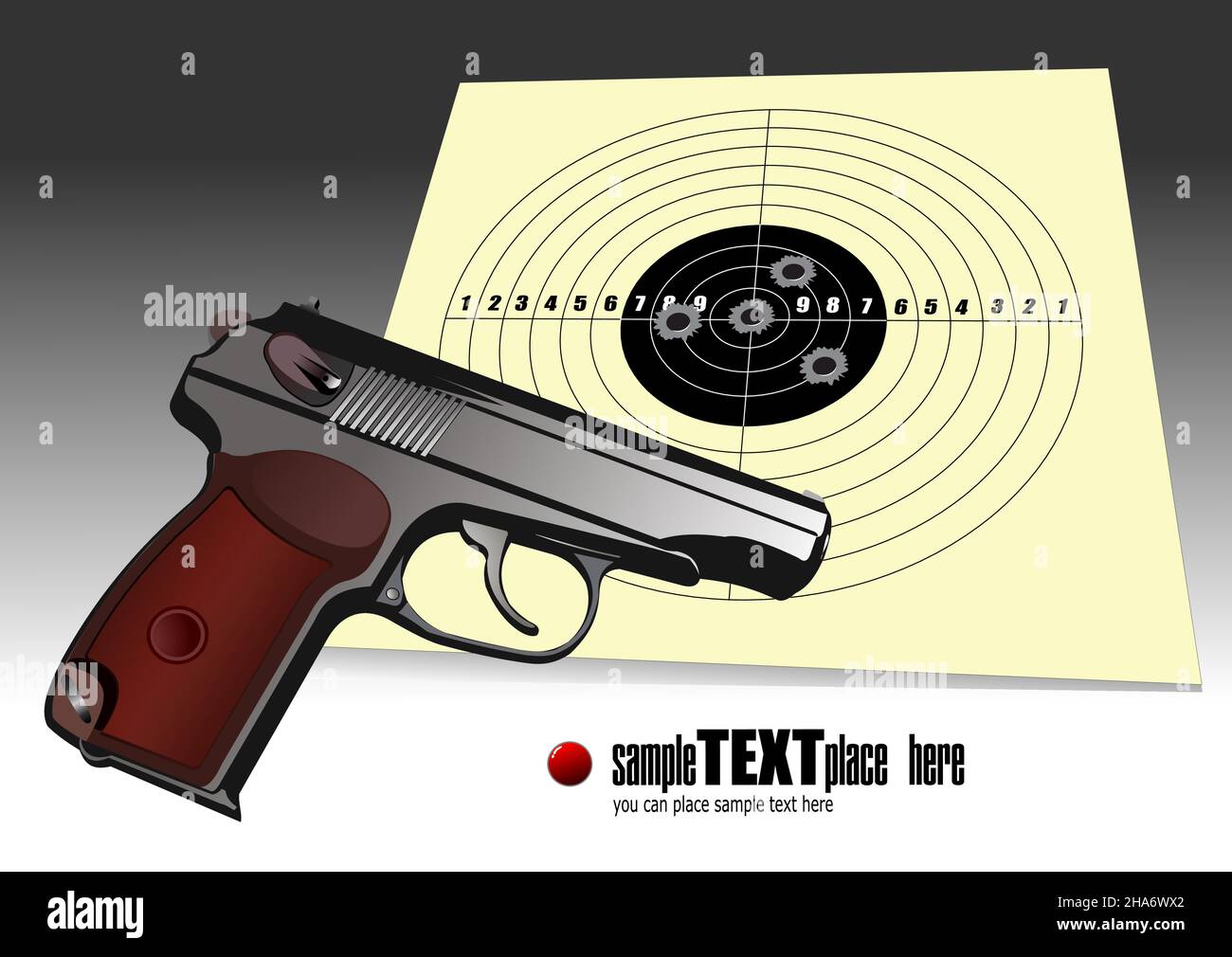 Used shooting target with traces of hit bullets and pistol image. 3d ...