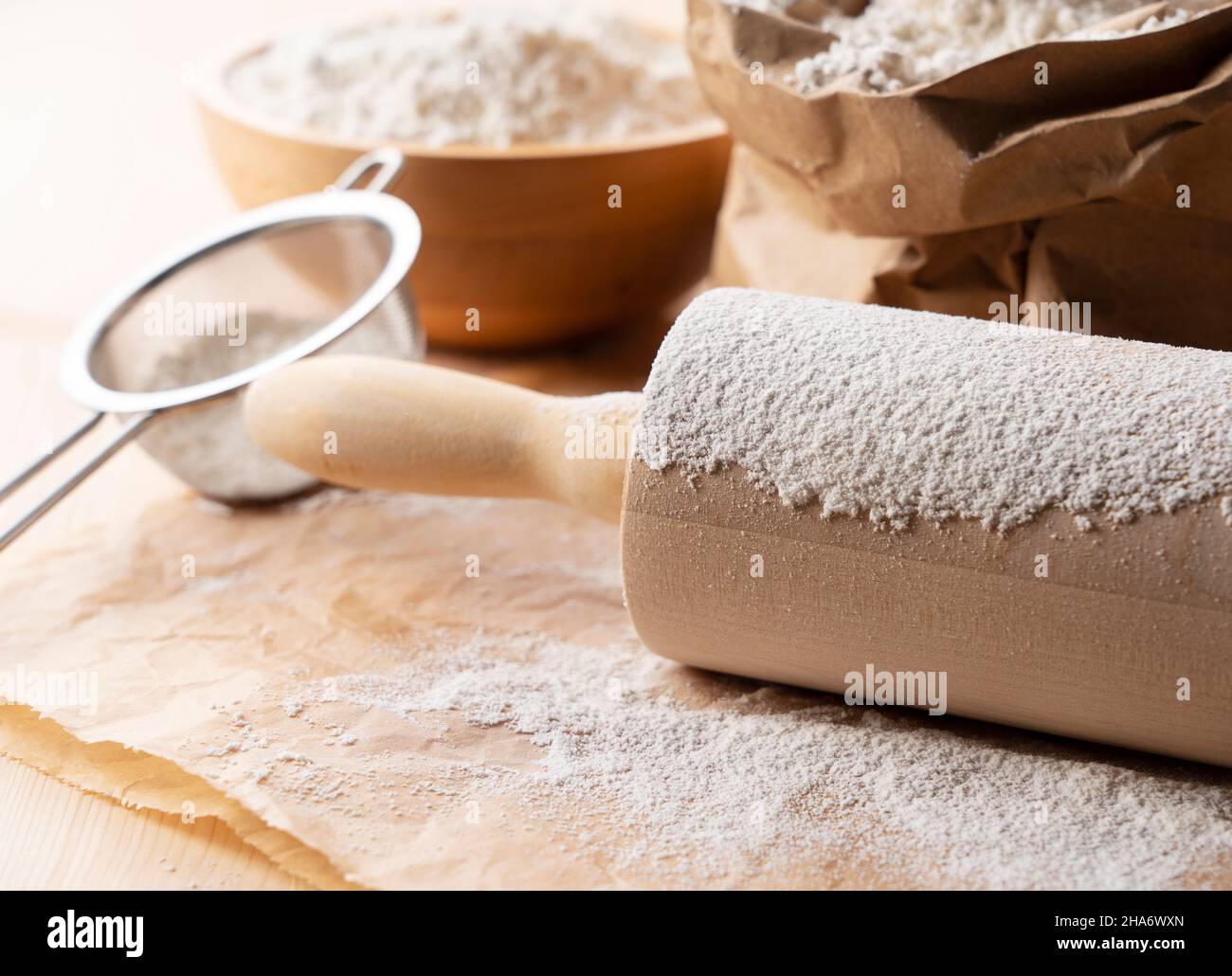 Flour and rolling pins on the table. Concept photo of bread making ...