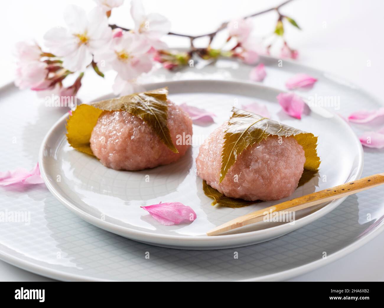 rice cake with bean paste wrapped in a preserved cherry leaf.Japanese ...
