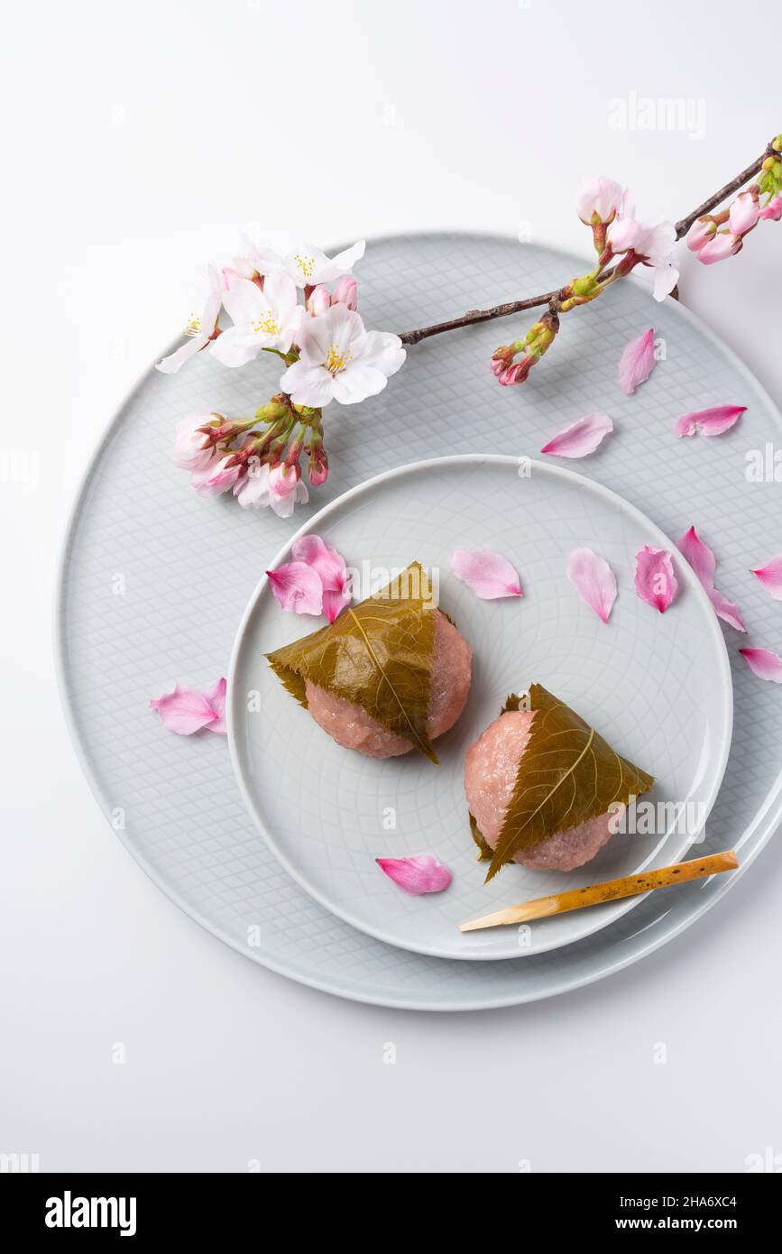 rice cake with bean paste wrapped in a preserved cherry leaf.Japanese ...