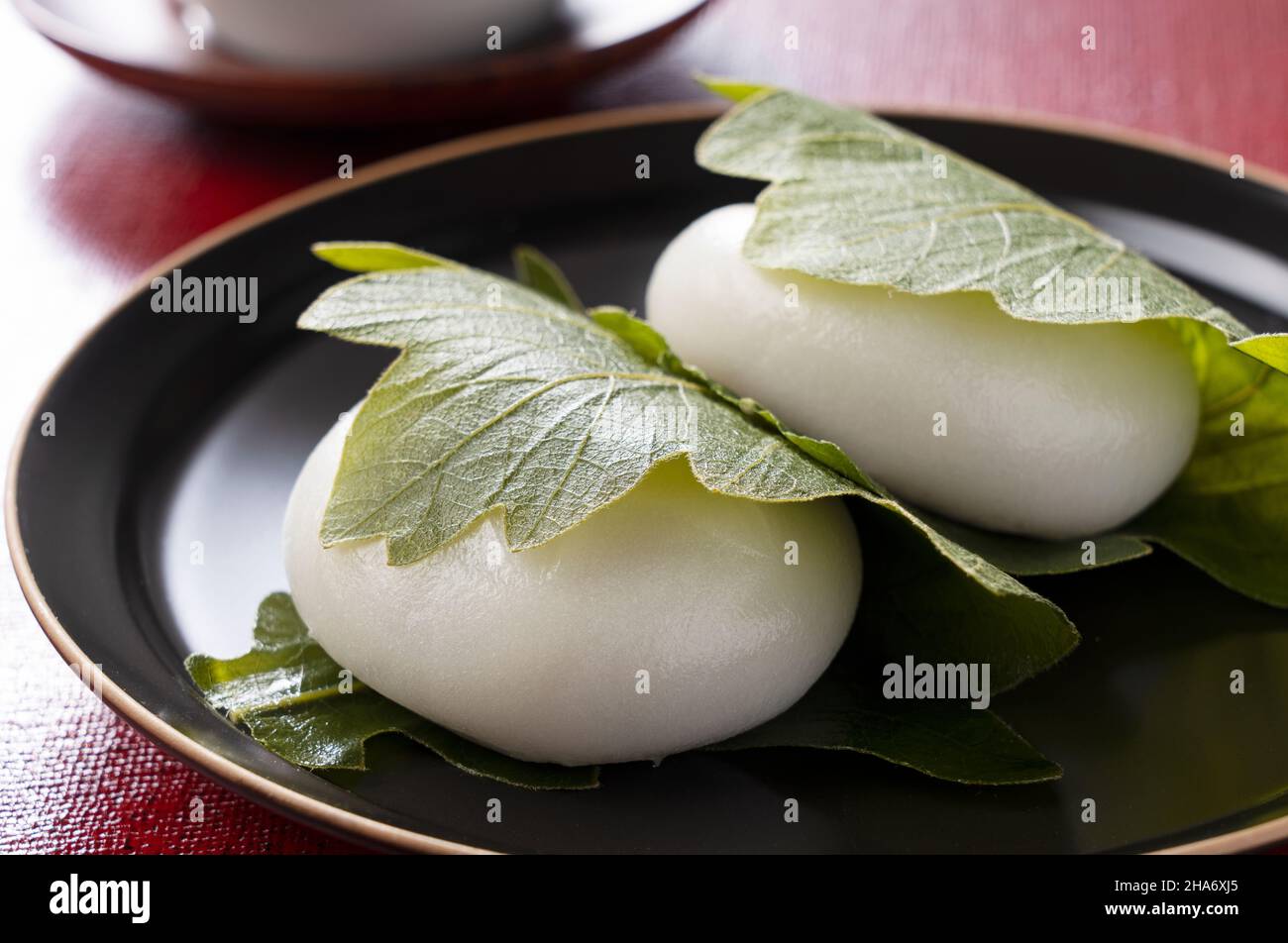 Kashiwa Mochi on a red tray. Kashiwa Mochi is a Japanese confectionery ...