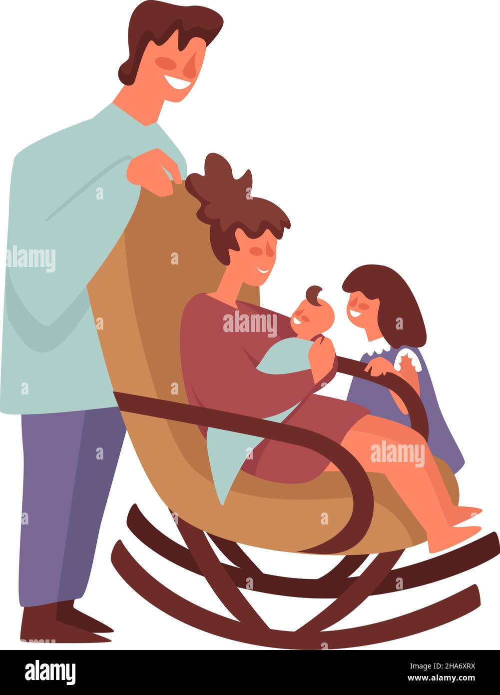 Mother and father with newborn child, daughter meeting little sister ...