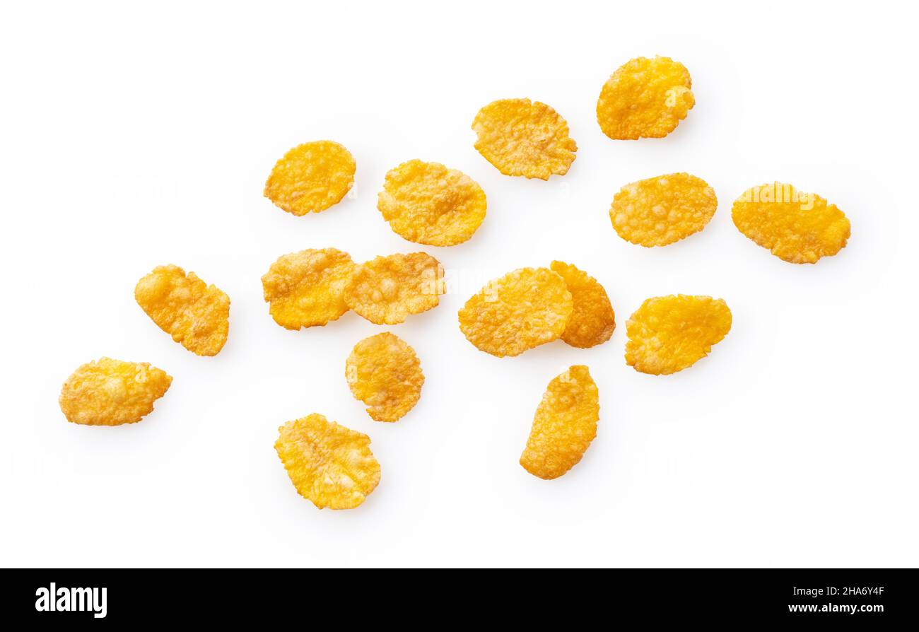 Cornflakes placed on a white background. View from directly above Stock ...