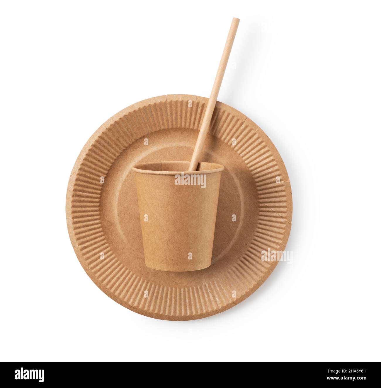 Disposable paper cups, straws, and paper plates on a white background ...