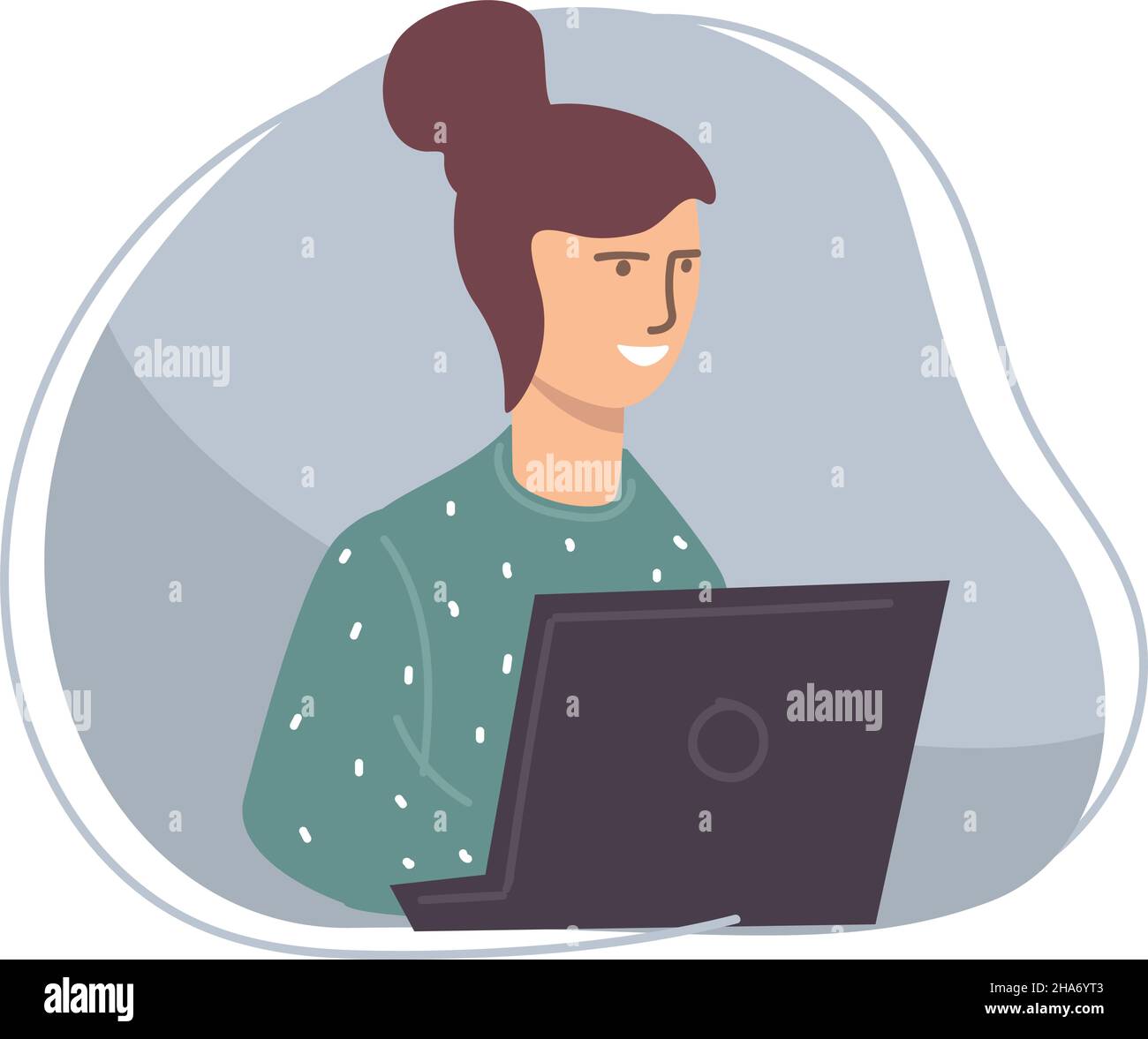 Female character with laptop working on business project or startup ...