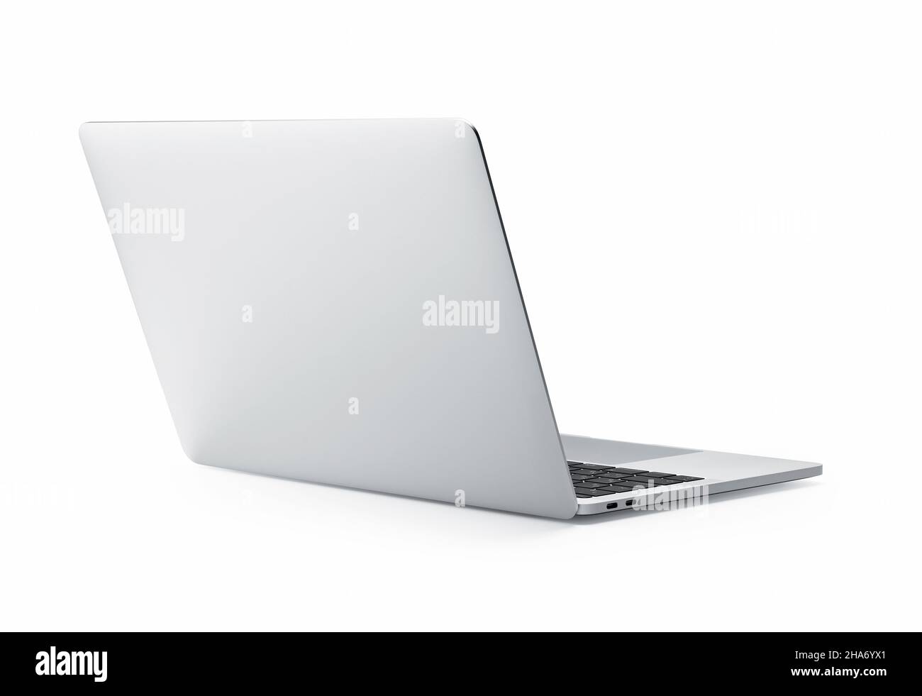Rear view of the laptop, open to a white background, silver aluminum ...