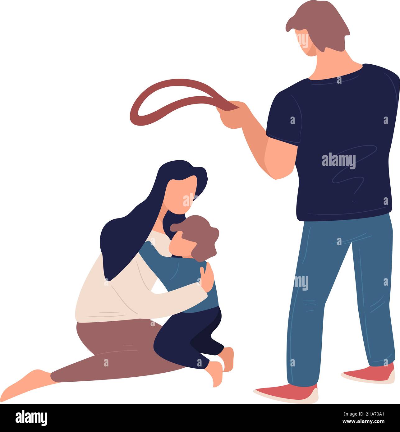 Aggressive father beating small child and wife, mother protecting kid ...
