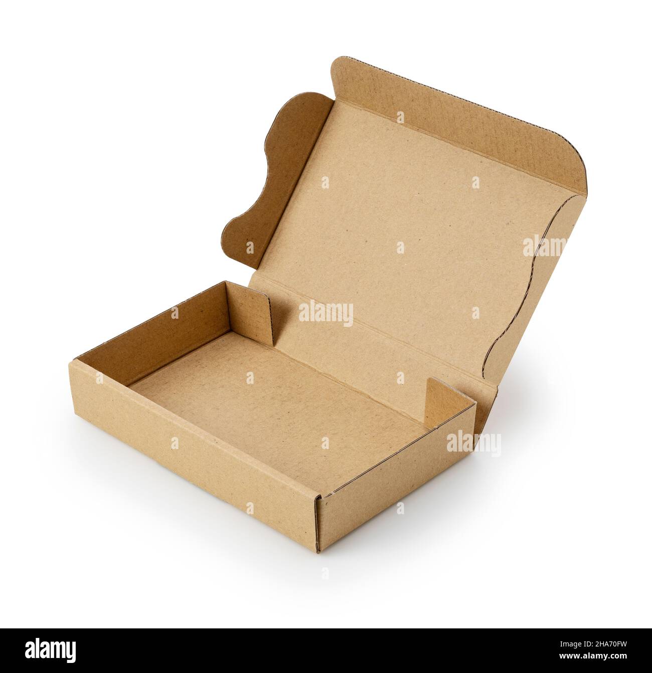 A cardboard box with the lid open, placed on a white background ...