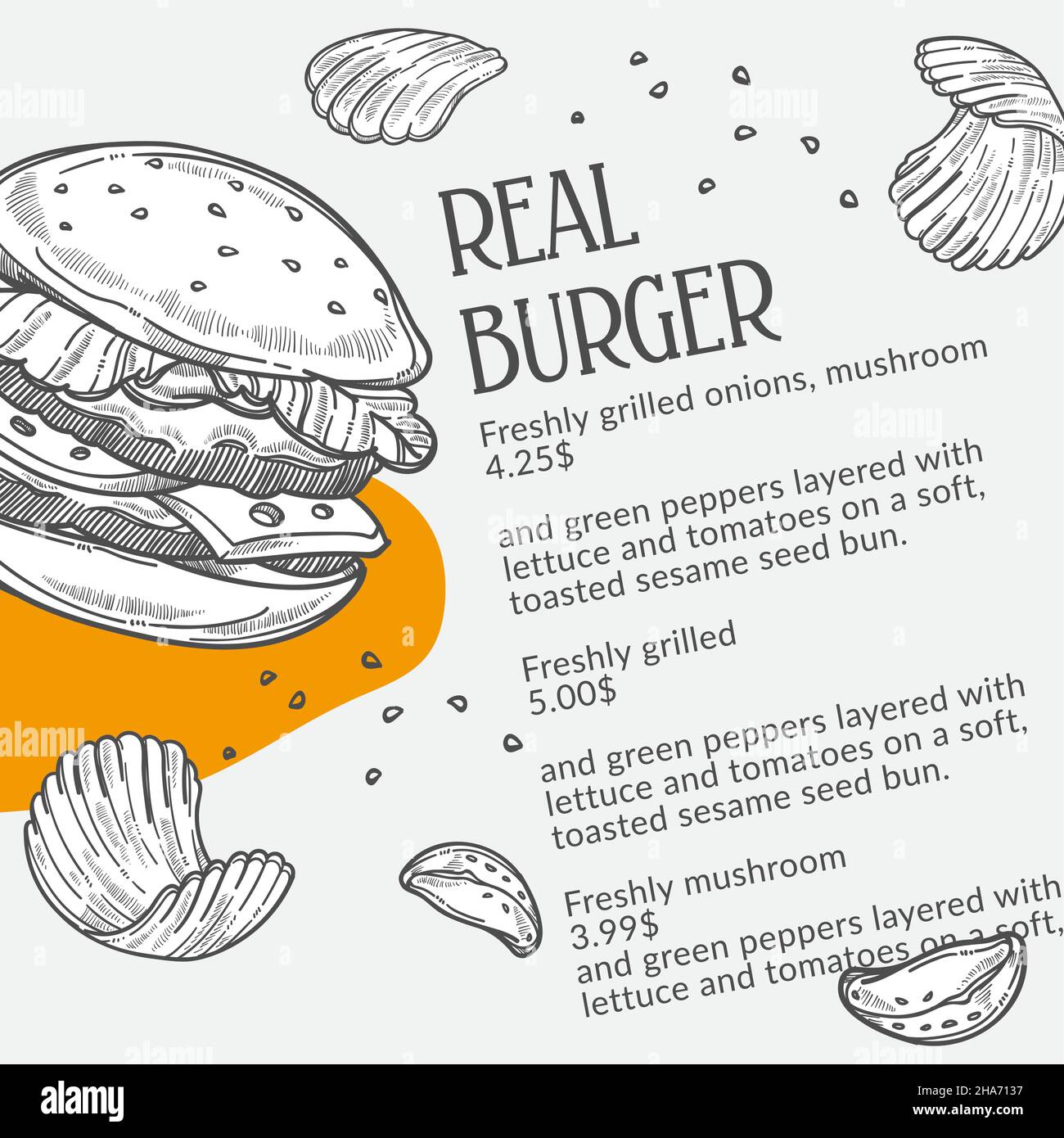 Fast food menu set of burger and potato chips. Bun with salad and meat ...