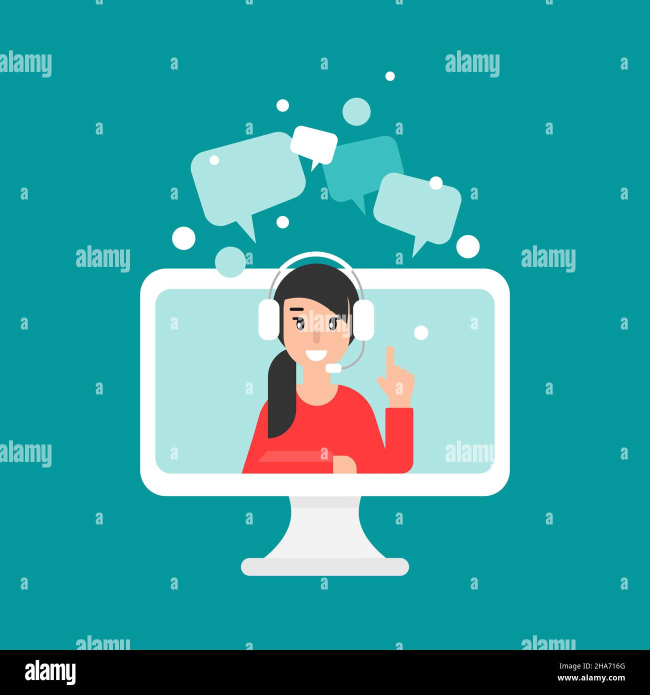 Happy operator on computer screen with headphones and microphone. flat ...