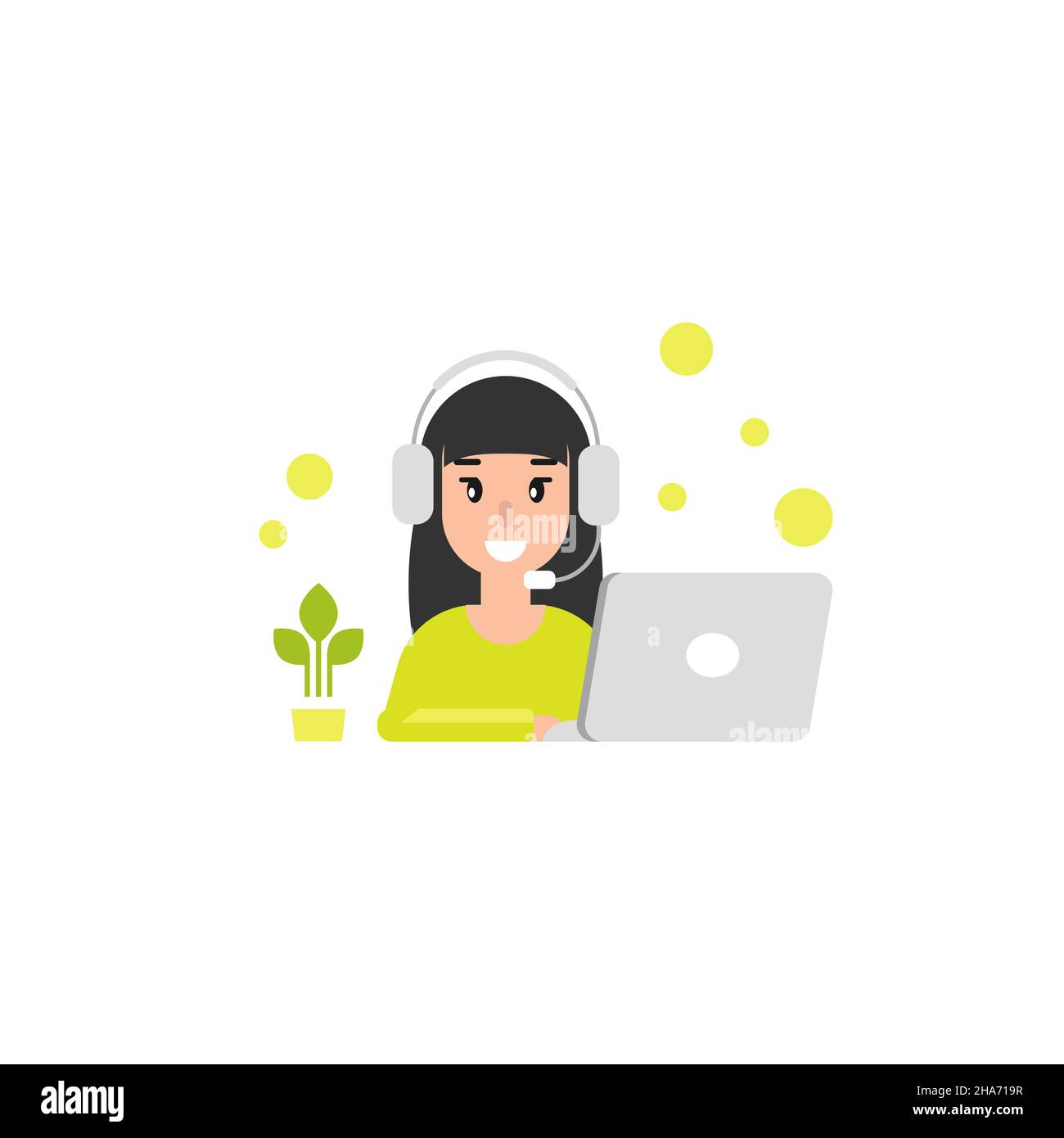 Happy operator girl with computer, headphones and microphone. flat ...