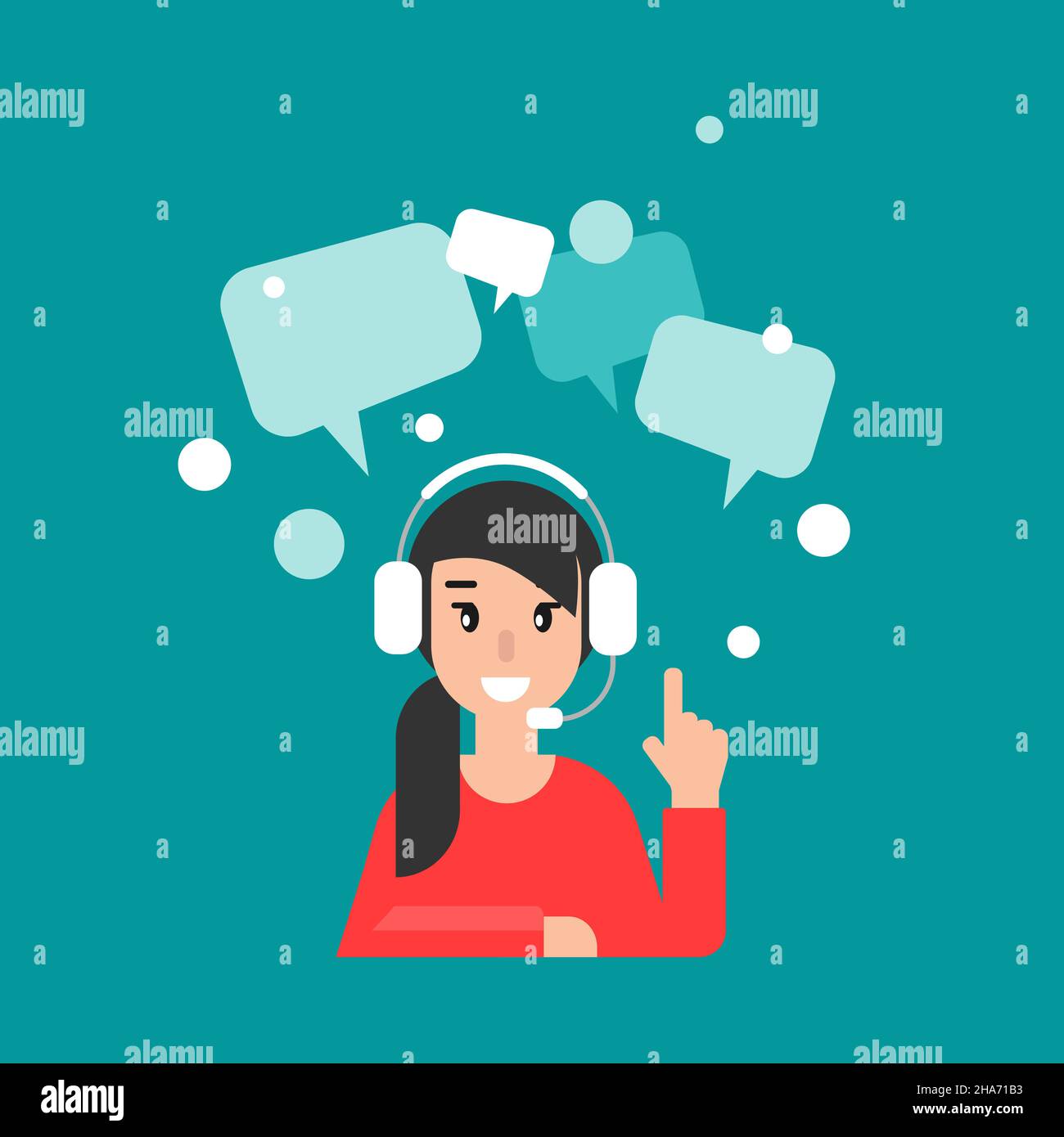 Happy operator with bubbles, headphones and microphone. flat vector ...