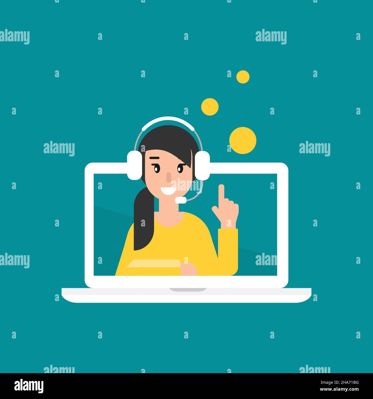 Happy operator on computer screen with headphones and microphone. flat ...