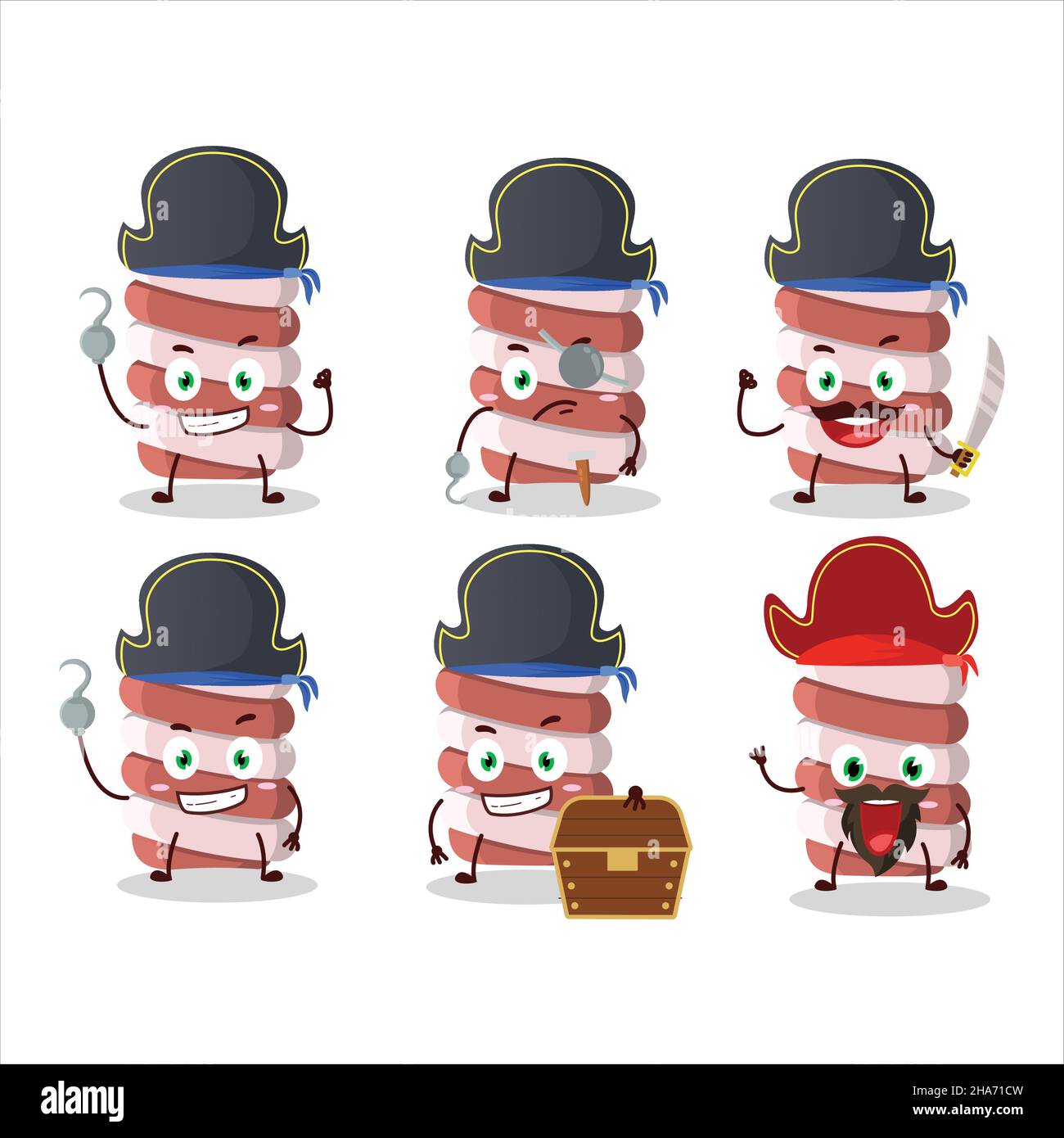 Cartoon character of red marshmallow twist with various pirates ...