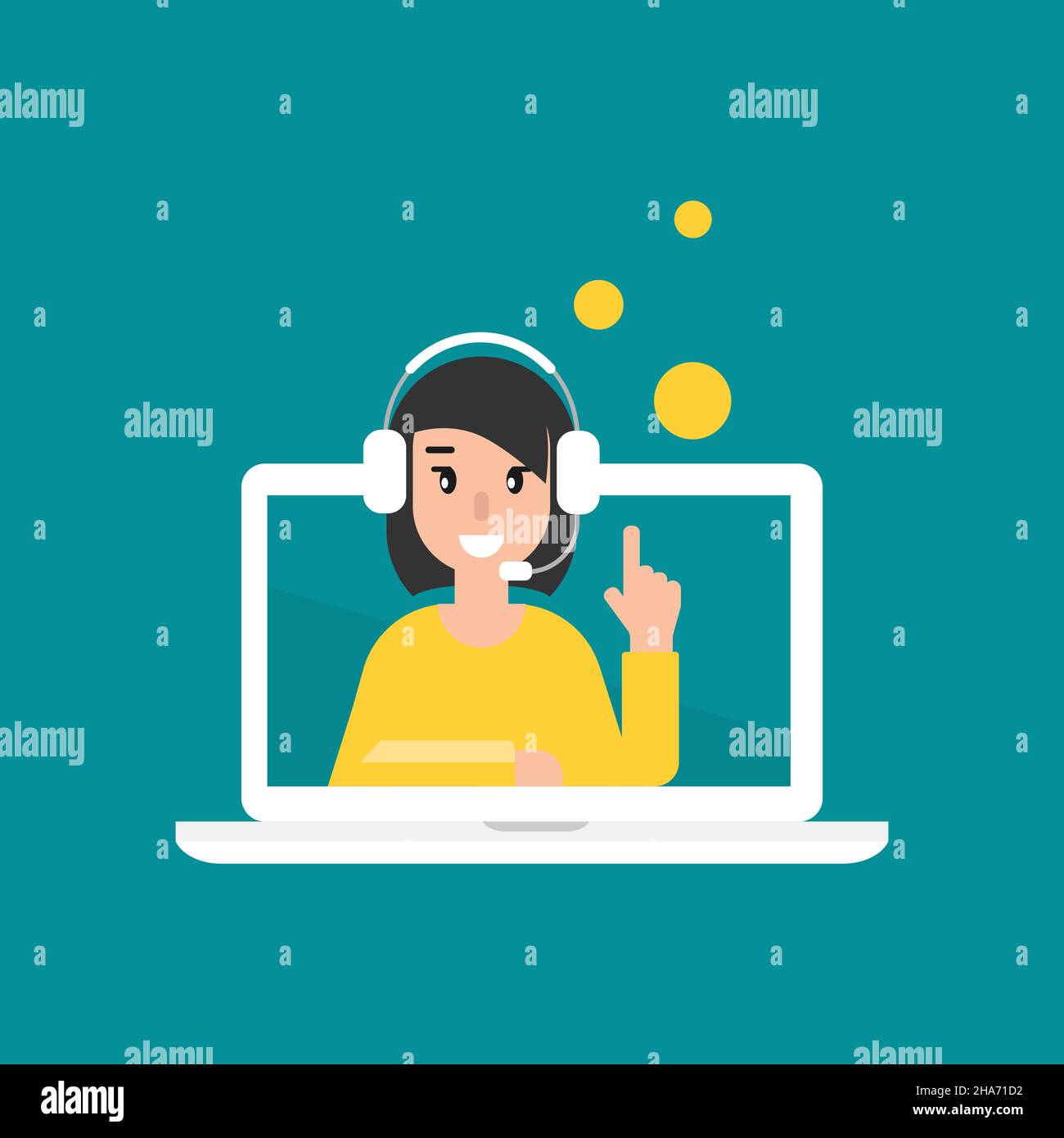 Happy operator on computer screen with headphones and microphone. flat ...