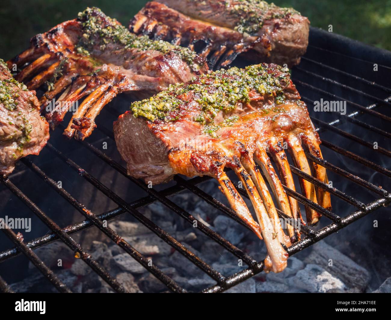 Racks of Lamb on the BBQ Grill Grate Browned with Herbs Stock Photo - Alamy