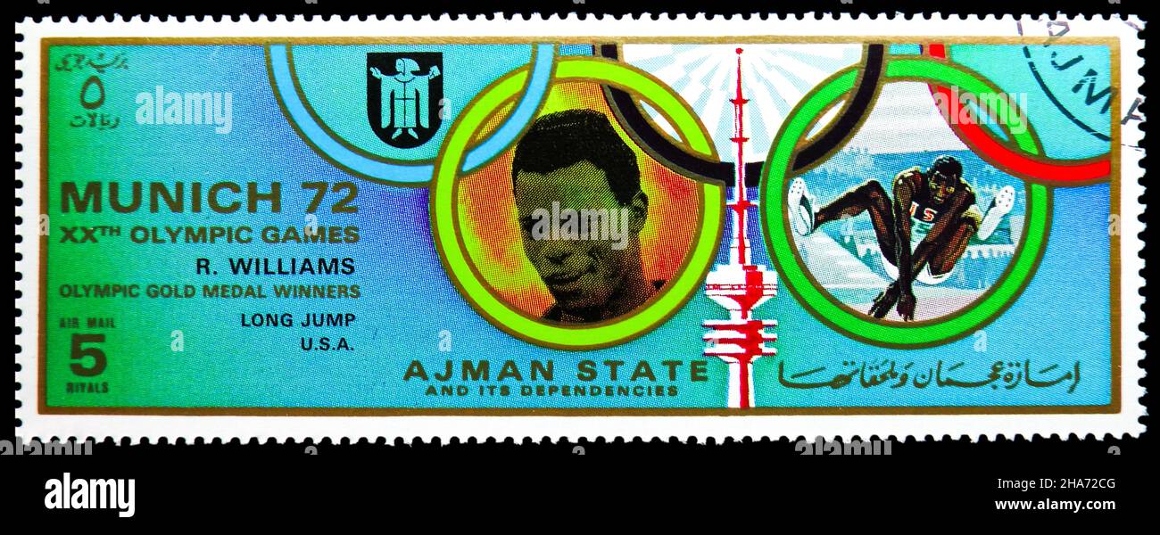 MOSCOW, RUSSIA - NOVEMBER 4, 2021: Postage stamp printed in Ajman shows ...